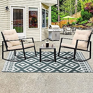 IJIALIFE 3 Piece Rocking Bistro Set, Patio Wicker Rocking Chair, Outdoor Rattan Rocker Chair with Glass Coffee Table, Wicker Rocker Chair for Garden, Porch, Backyard (Beige)