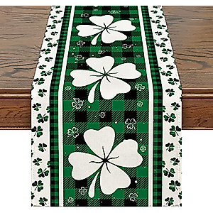 Siilues Spring Table Runner, Buffalo Plaid Shamrock St. Patrick's Day Decoraions Green Seasonal Spring Holiday Table Decorations for Indoor Outdoor Dining Table Decor (13'' x 72'')