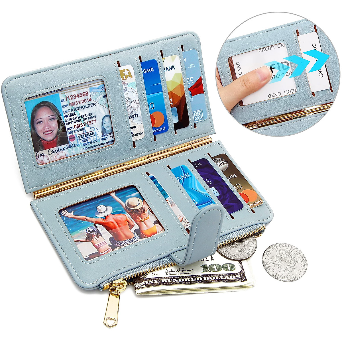 Badiya Credit Card Holder for Women RFID Blocking Slim Wallet Bifold Multi Card Case Zipper Pocket with 3 ID Window