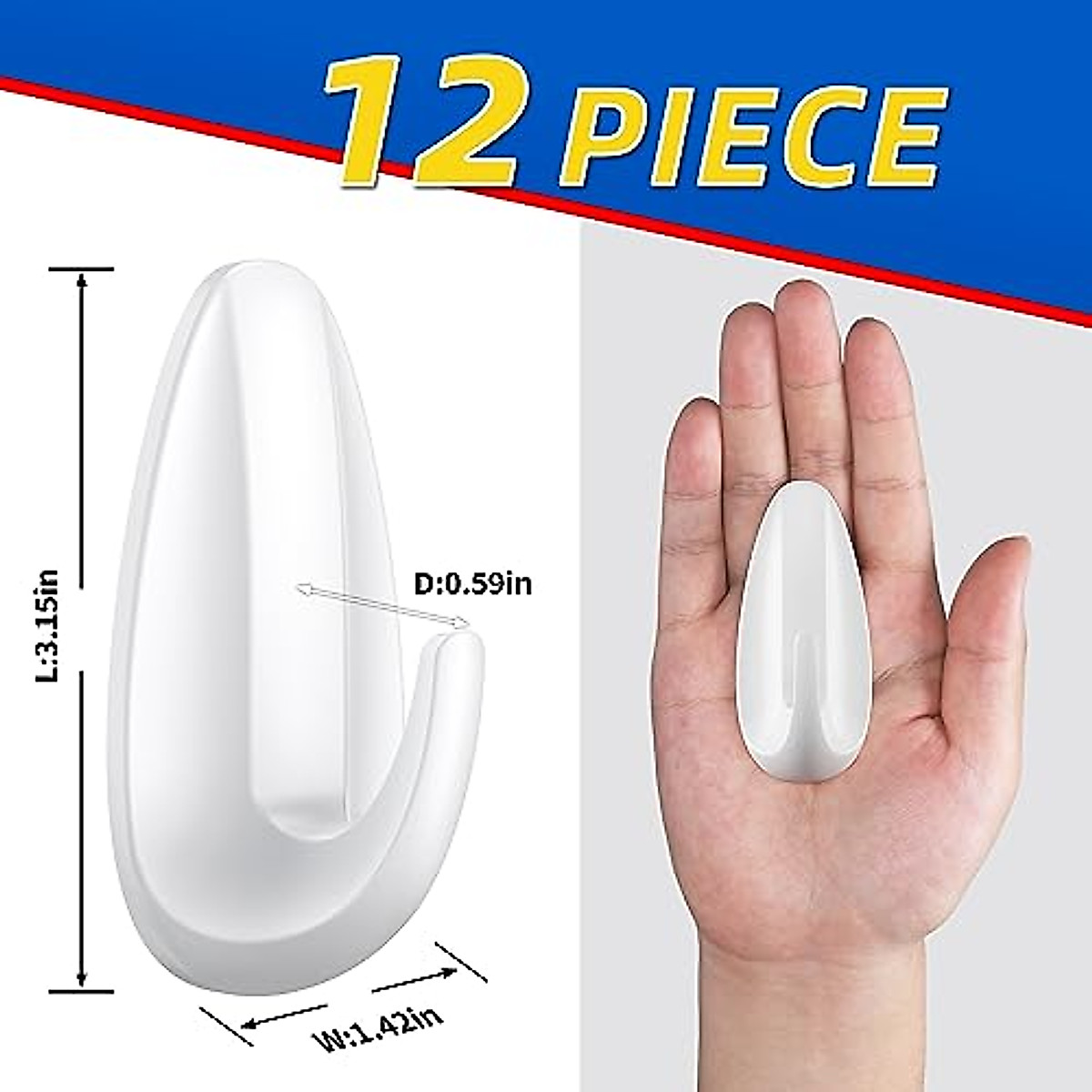 ALOCEO 12 Pcs Wall Hooks,Self Adhesive Hooks with 13 Clear Strips,White Plastic Sticky Hooks for Hanging,Towel Coat Hooks for Bathroom Shower Kitchen Keys Door Outdoor Home Improvement