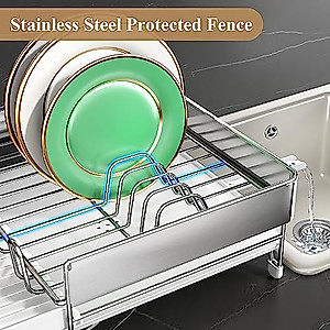 Dish Drying Rack - Expandable Dish Rack - Large Stainless Steel Dish Dryer Racks for Kitchen Counter with Wine Glass Holder, Cutlery Holder, White