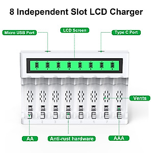 Deleepow AAA Batteries Rechargeable 1100mAh Nimh AAA Rechargeable Batteries 8-Pack 1.2V 1200 Cycles with USB-C and Micro USB 2 Charge Port LCD Charger