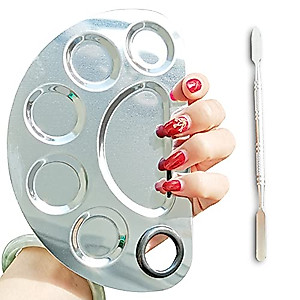 BOMJJOR Makeup Palette Stainless Steel Cosmetic Palette 6-Well with Spatula Tool for Nail Art Eye Shadow Mixing Foundation Painting Artist Mini Mixing Metal Palette (Semi-arc Palette)