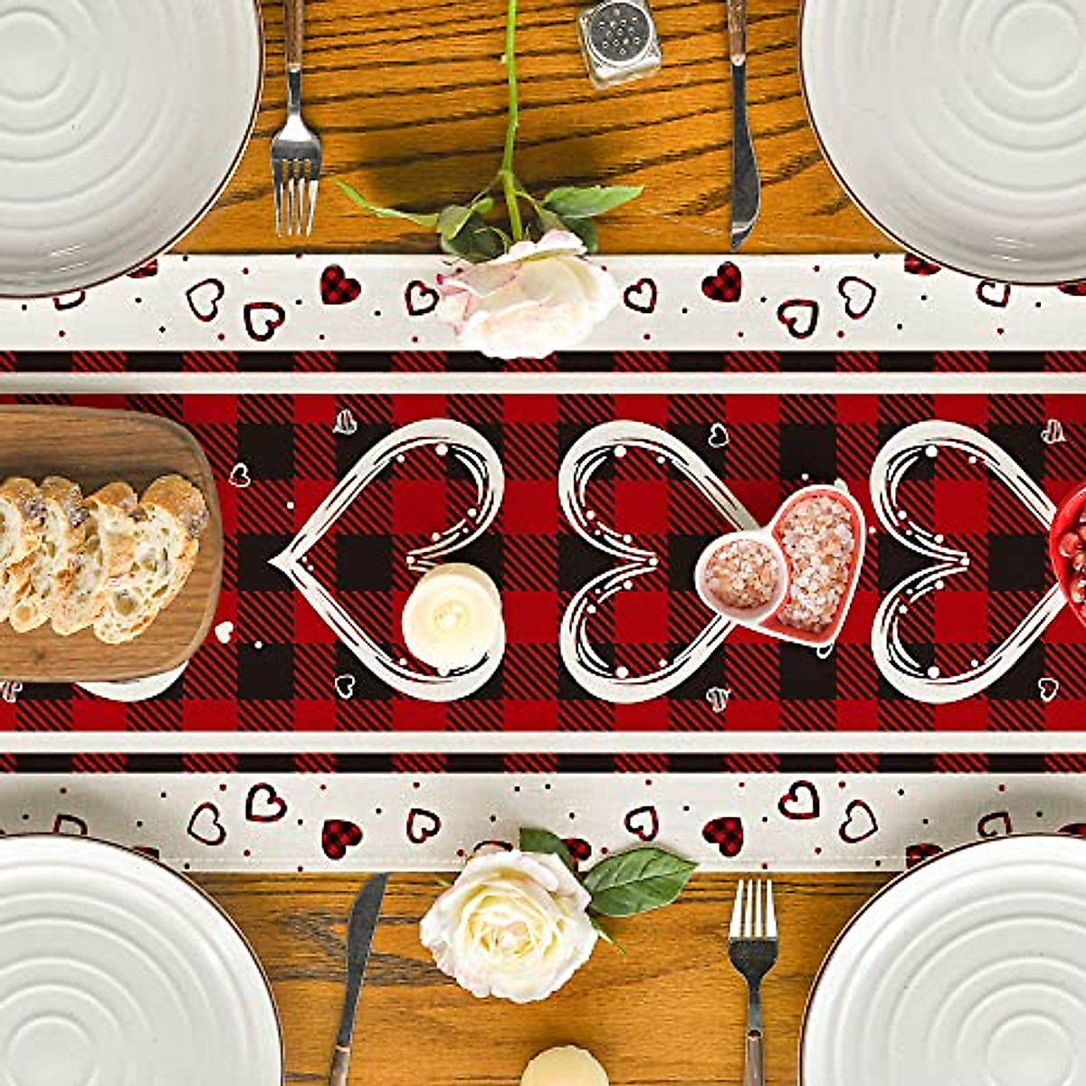 Artoid Mode Buffalo Plaid Love Hearts Mother's Day Table Runner, Seasonal Kitchen Dining Table Decoration for Indoor Home Party 13x72 Inch