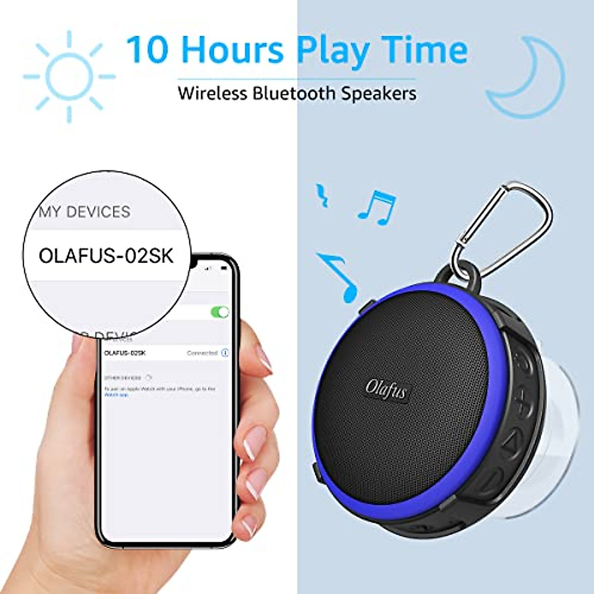 Olafus Waterproof Shower Bluetooth Speaker, Portable Wireless Outdoor Speaker, Clip & Suction Cup, 10H Playtime for Bathroom, Pool, Beach, Boating, Hiking