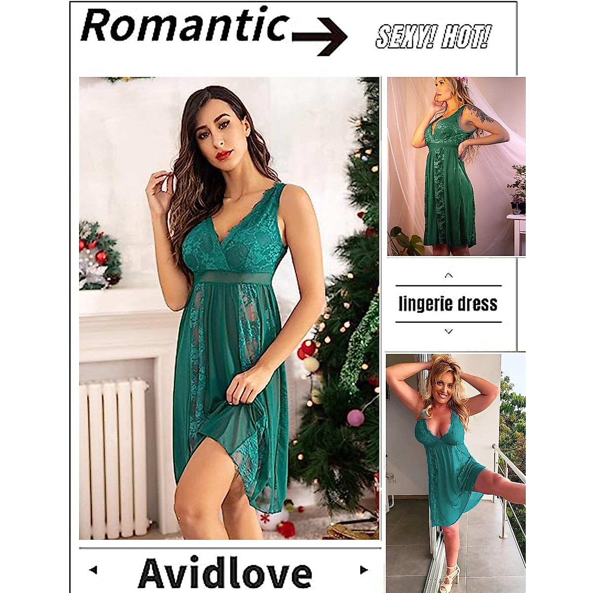 Avidlove Sexy Lingerie for Women Sheer Lace Nightgowns Bridal Babydoll Nightwear Dark Green, XXL