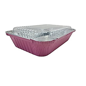 KitchenDance Colored Shallow Take Out Pans with Plastic lid - 1.5 Pounds Food Storage Aluminum Foil Baking Pan - Aluminum Pans Perfect for Cooking, Freezing, Preparing Food, 6417P (Pink, 125)