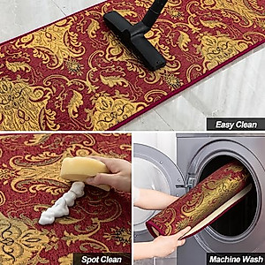 Loom and Mill Luxury Kitchen Rugs Set 2 Pieces, Non Skid Absorbent Chenille Memory Foam Kitchen Runner Rug Floor Mats, Comfort Standing Mat for Front of Sink,Machine Wash(Red,17.3"x47"+17.3”x29)