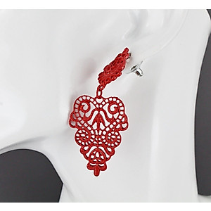 Red Earrings Dangle Post Hinged Door Knocker 2.5" Long Cut Out Lace Adorable Statement Jewelry Earrings for Women