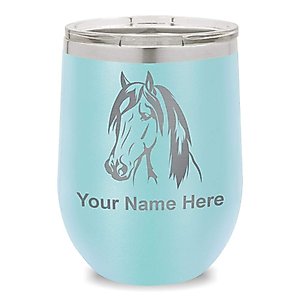 LaserGram Double Wall Stainless Steel Wine Glass Tumbler, Horse Head 1, Personalized Engraving Included (Light Blue)