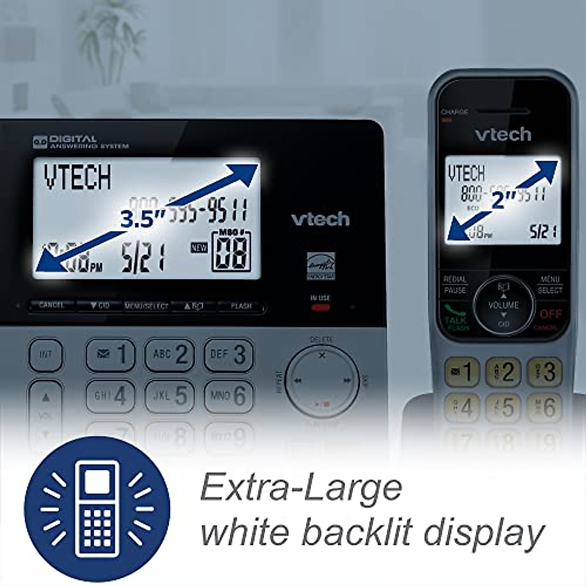 VTECH VG208 DECT 6.0 Corded/Cordless Phone for Home with Answering Machine, Call Blocking, Caller ID, Large Backlit Display, Duplex Speakerphone, Intercom, Line-Power (Silver/Black)