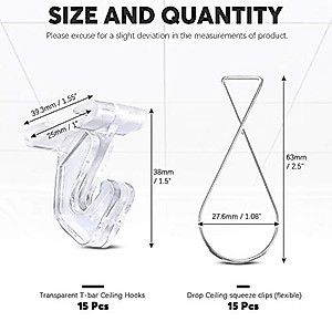 Hilitchi 30Pcs Ceiling Hooks Clips Kit Including 15Pcs Transparent Hinged Ceiling Hooks & 15Pcs T-bar Squeeze Clips Set for Hanging Decorations at Office, Classroom, Home, Mall, Special Events