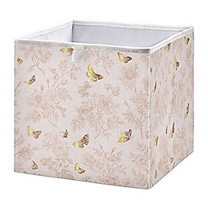 Kigai Floral Golden Butterfly Bow Storage Box, Foldable Storage Bins with Handle, Decorative Closet Organizer Storage Boxes for Home
