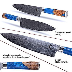SAMCOOK Chef Knife - 8 Inch Professional Sharp Gyuto Knife - Japanese VG-10 Damascus High Carbon Stainless Steel Kitchen Cooking knife - Ergonomic Blue Resin Wood Handle with Gift Box