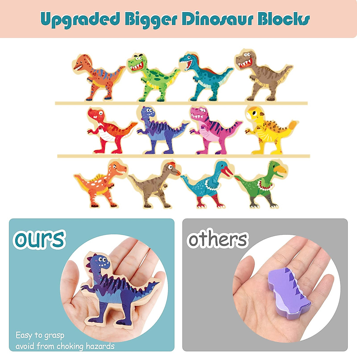 14-Piece 3-Inch Wooden Dinosaur Stacking Toys for Kids 3-7, STEM Educational Party Favors
