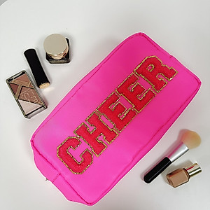 cqoogrlx Cheer Patch Bag Letter Patch Nylon Makeup Bag Cheer Cosmetic Bag Cheerleader Gifts Preppy Chenille Varsity Letter Cheer Makeup Bag Case Toiletry Zipper Pouch for Women Girls(Cheer-hot pink)