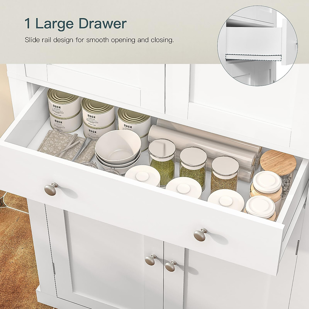 usikey 72” Kitchen Pantry Cabinet, Tall Storage Cabinet with 4 Doors and 1 Drawer, Cupboard with 6 Hanging Shelves and Adjustable Shelves for Kitchen, Dining Room, Living Room, White