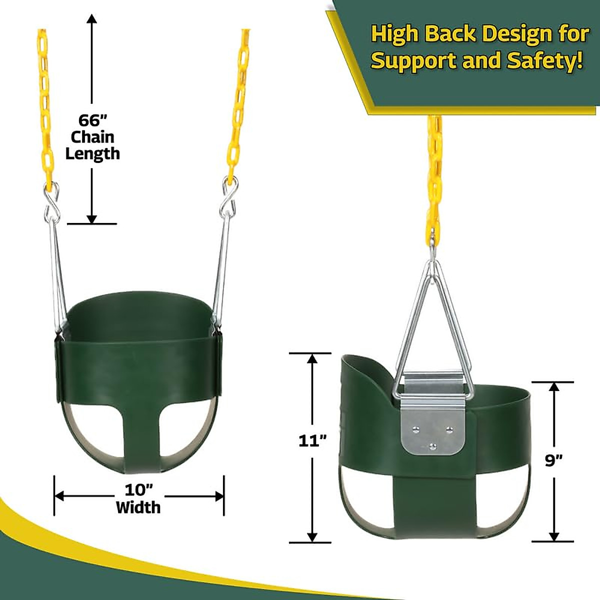 Eastern Jungle Gym Heavy-Duty High Back Full Bucket Toddler Swing Seat with Coated Swing Chains Fully Assembled, Green