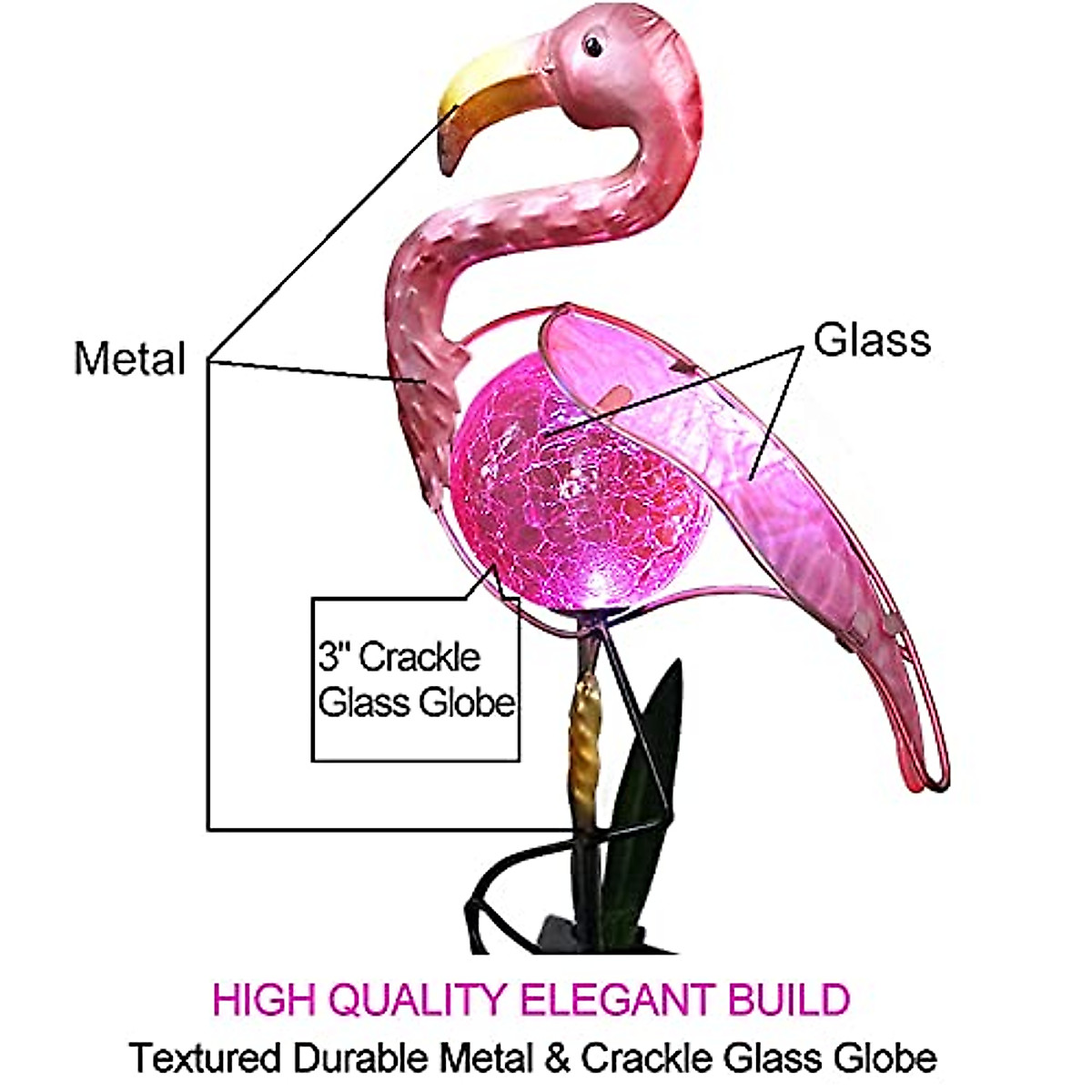 Bright Zeal 14" Big Metal Outdoor Solar Lights Waterproof Flamingo Garden LED Stake Light - Solar Pink Flamingos Yard Ornaments - Solar Stake Lights Yard Decor Solar Metal Yard Art