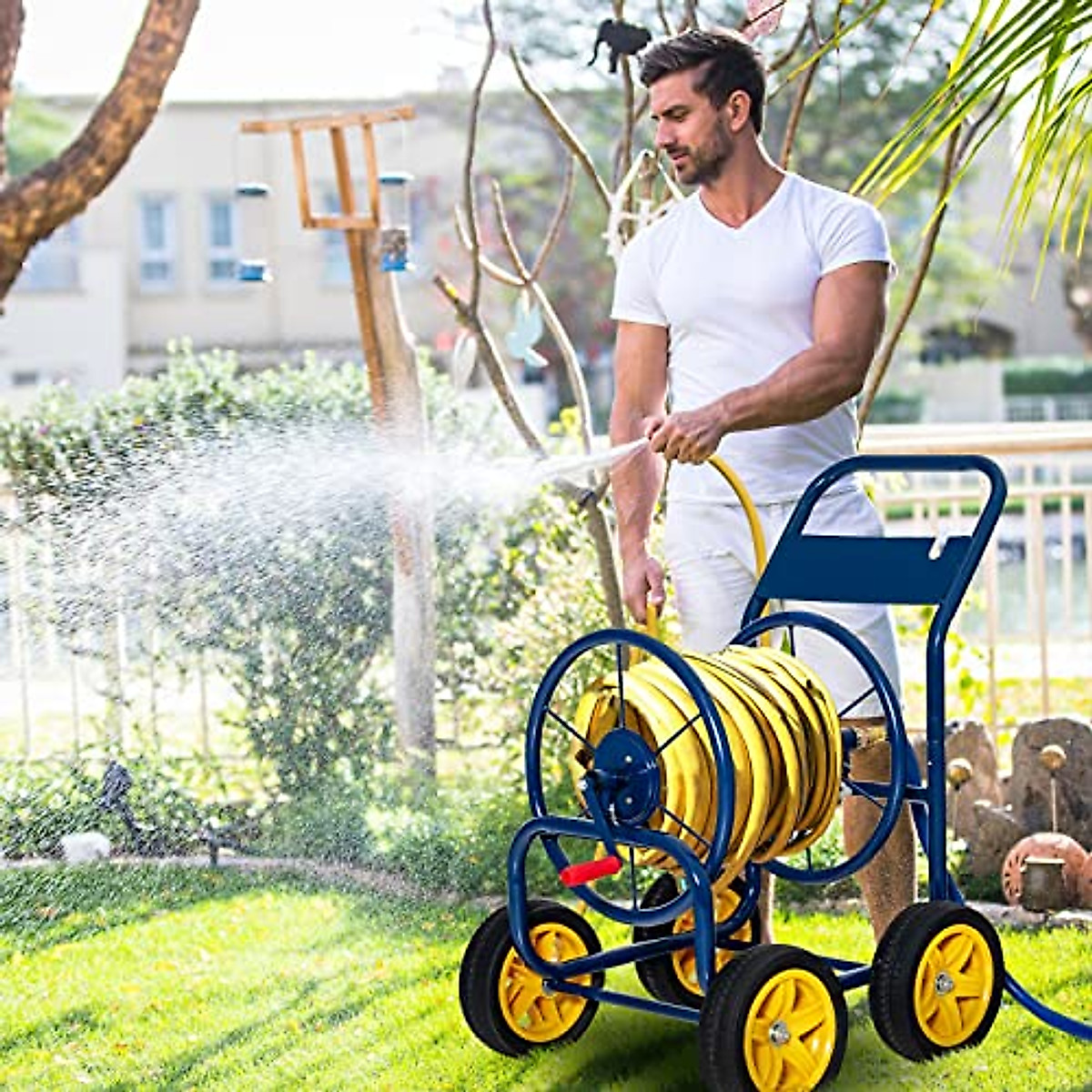 Goplus Garden Hose Reel Cart, Heavy Duty Water Planting Cart w/Non-slip Crank Handle, 4 Solid Wheels, Outdoor Hose Reel Holds 330 FT of 3/4", 5/8” & 400 FT of 1/2" Hose for Garden Yard Lawn Farm