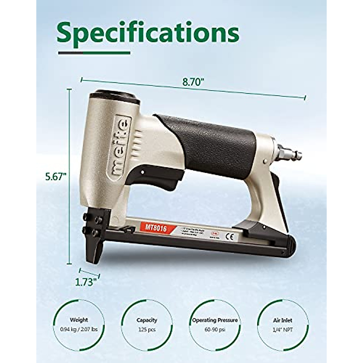 meite MT8016 Pneumatic Upholstery Stapler 21 Gauge 1/2" Crown 1/4" to 5/8" Length Industrial Fine Wire Stapler