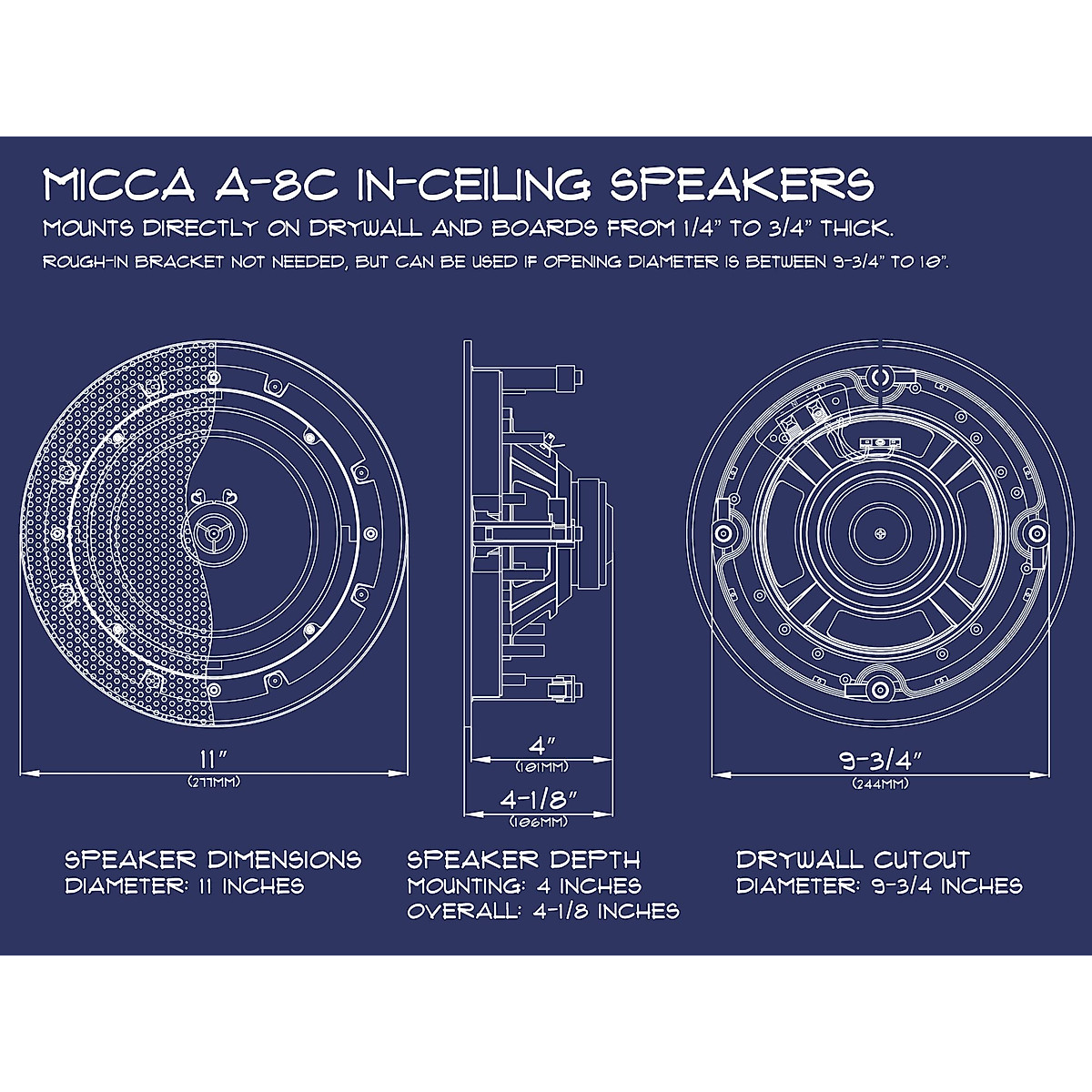Micca 8" 2-Way in Ceiling or Wall Round Speakers, 4 Pack, 8 Inch Woofer, 9.75" Cutout Diameter, Low Profile Rimless Design, for Indoor Rooms or Covered Outdoor Porches, White, Paintable