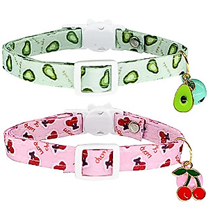 Tyeoo Cat Collars Breakaway with Bell - 2 Pack Cat Safety Collars for Boys & Girls Cats- Safety Buckle Kitten Collar Avocado Cherry Fruit Style Kitty Collars (Green & Cherry)