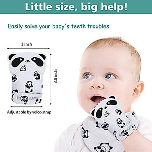 Baby Teething Mitten Panda Teether Mitten with Baby Toothbrush & Massager Teething Glove Mitt Infant Toy(2 Mittens with Toothbrush)