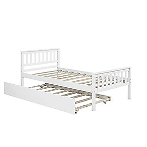 Twin Platform Bed with Trundle, Solid Wood Bed Frame with Headboard, Footboard for Teens Boys Girls,No Box Spring Needed (White)