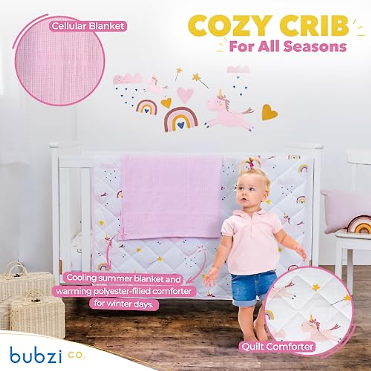Crib Bedding Sets for Girls 5 Pieces Includes Baby Crib Sheets x2, Cotton Quilt, Baby Blanket & Bonus Wall Decal Set