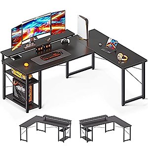 ODK L Shaped Gaming Desk, 53'' Corner Computer Desk with Monitor Stand & Storage Shelf, Sturdy Home Office Work Writing Table, Black