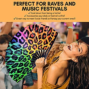Fansay Fans - Large Hand Folding Fan for Men/Women Chinese/Japanese Bamboo with Leather Cloth Fabric Dance Festival Fan Handheld Folding Fans (Rainbow Cheetah)