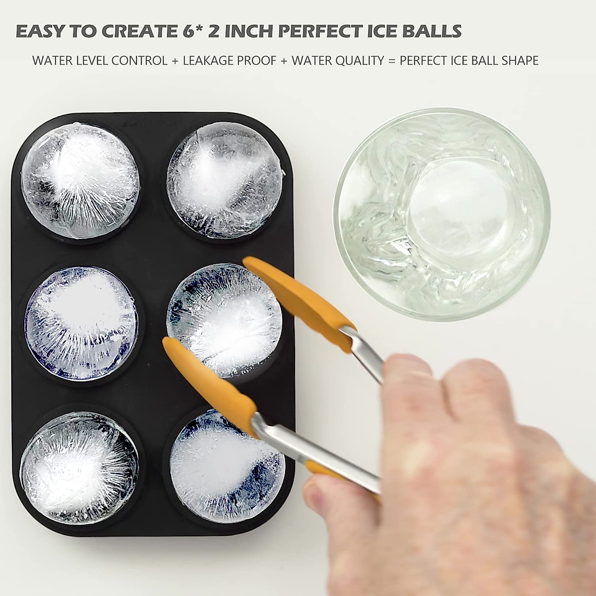 HONYAO Whiskey Ice Ball Mold, Silicone Ice Ball Maker Mold with Individual Lid Easy Fill and Release Round Sphere Ice Mold for Cocktails Bourbon - 2 inch 6 Ice Balls