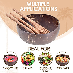 Premium Natural Thai Polished Coconut Wooden Bowl And Spoon Set, Hand Carved Wood Spoons, Perfect Eco-Friendly Gifts for Vegan, Buddha Bowls, Acai Smoothie Drinking Cups - Set of 2