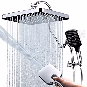 V-Frankness 13-Inch Shower Heads with Multi-Function Handheld Sprayer Combo, 3-Way Metal Extended Diverter with Holder and Metal Adjustable Curved Shower Extension Arm, Extra Long Hose Chrome