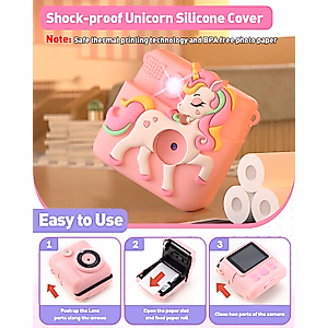Kids Camera Instant Print with Silicone Cover, Creative Gifts for Girls Age 4-12 Birthday Christmas, 1080P Digital Camera Toy with 32GB SD Card - Pink