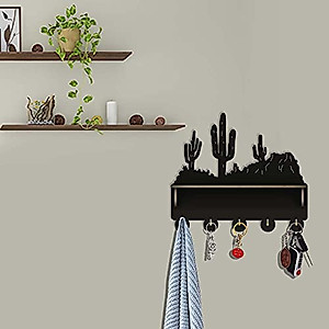 The Geeky Days Cliffs Cactus Key Holder for Wall, Desert Plant Wooden Wall Mounted Hat Coat Rack with Mail Medal Organizer Shelf, 5 Metal Hooks Hanger, for Closet Door Hanging Rustic Home Decor