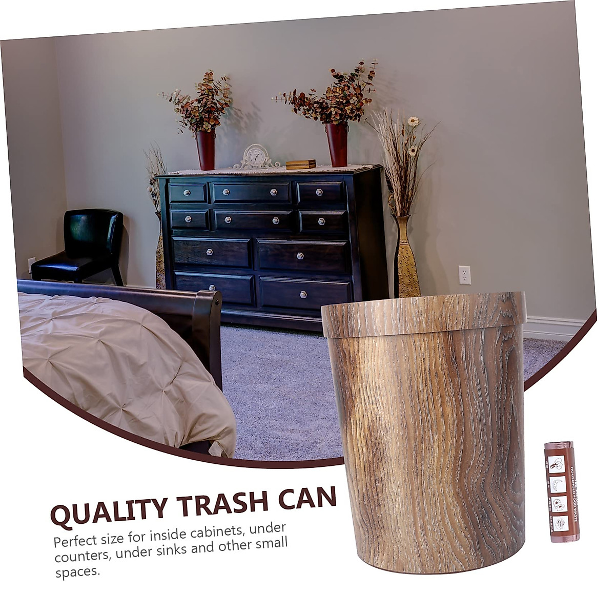 VICASKY Retro Trash Can Ornament Container Metal Storage Baskets Lip Gloss Containers Small Trash Can Rubbish Bin Wood Grain Wastebasket Trash Can Garbage Bin Living Room Garbage Bin Brown