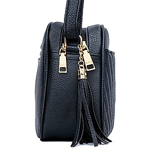 KKXIU Quilted Double Compartment Multiple Pocket Crossbody Bag for Women and Teen Girls Stylish Shoulder Purse with Tassel (c-black)