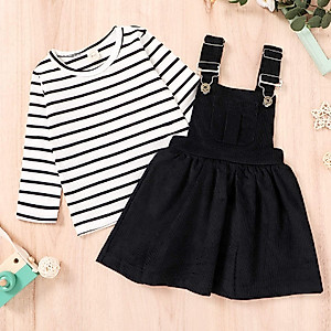 YOUNGER TREE Toddler Baby Girl Fall Outfit Long Sleeve Stripe T-shirt and Strap Dress Overall with One Pocket Clothes Sets (Black, 18-24 Months)