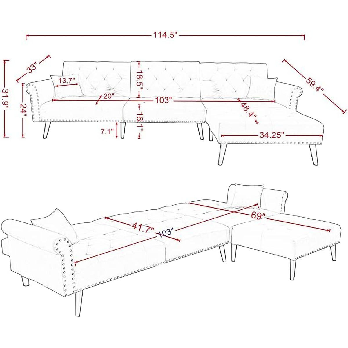 DNYN 115" Sectional Reversible Sofa with 2 Pillows & Chaise Lounge & Button Tufted L-Shaped Nailhead Decor Corner Sofá Convertible Sleeper Velvet Couch Bed for Living Room Furniture, Light Gray
