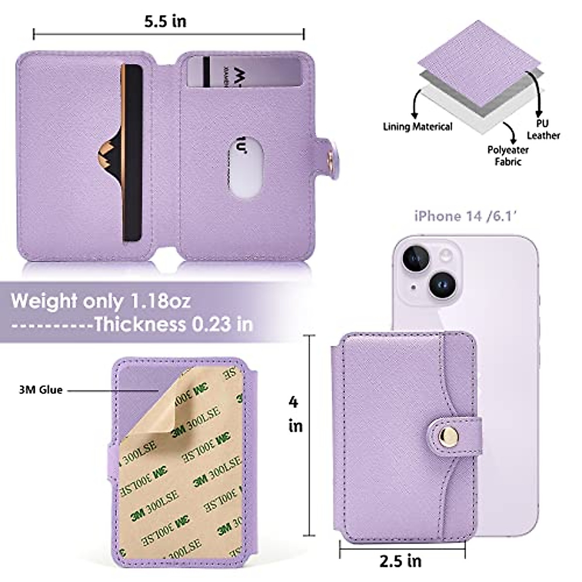 M-Plateau Card Holder, Phone Wallet Stick on with Slim 3M Sticker Match iPhone 14 Pro Case and Most Smartphones (Lavender)