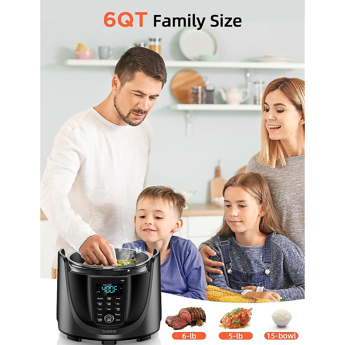 Nuwave Duet Electric Pressure Cooker & Air Fryer Combo, 450 IN 1 Slow Cooker & Grill with Integrated Digital Temp Probe, 6qt SS Pot, Adjustable High/Low Pressure, Built-in Sure-Lock Safety Tech