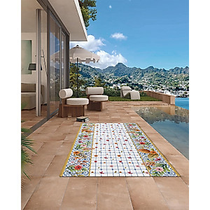 Outdoor Rug Waterproof Mat 4' x 6' for Patio, Summer Fall Ceramic Tile Floral Outside Indoor Non-Slip Front Door Mat RV Camping Carpet Area Rug for Balcony Picnic Beach Deck