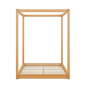 MWrouqfur 4-Poster King Size Canopy Floor Bed Frame, Morden Wood Low Profile Platform Beds with Wooden Slats Support, No Box Spring Needed (Natural)
