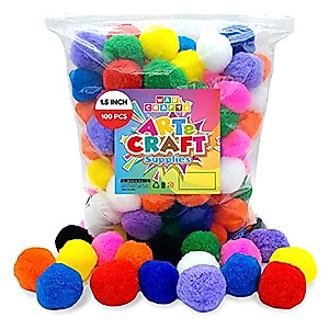 WAU Craft Pom Pom Balls - 100pcs 1.5 inch Multicolored Large Pompoms for Crafts Art DIY Project in Reusable Zipper Bag