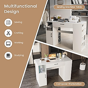 COSTWAY 36” Counter Height Sewing Table, 53 Inch Artwork Craft Table with 14 Open Compartments, 3-Position Adjustable Shelf, 1 Drawer & Cabinet, Project Center Desk Drafting Sewing Workstation, White