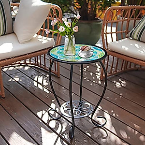 HONGLAND Mosaic Outdoor Side Table, 14" Round Patio Side Table, Mosaic Plant Stand, End Table W/Storage Shelf, Small Bistro Coffee Table for Garden Patio Porch Living Room(Green)