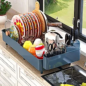 ADBIU Large Dish Drying Rack with Drainboard Set（12.8" - 20"） Expandable Compact Dish Drainer, 1 Piece Gray