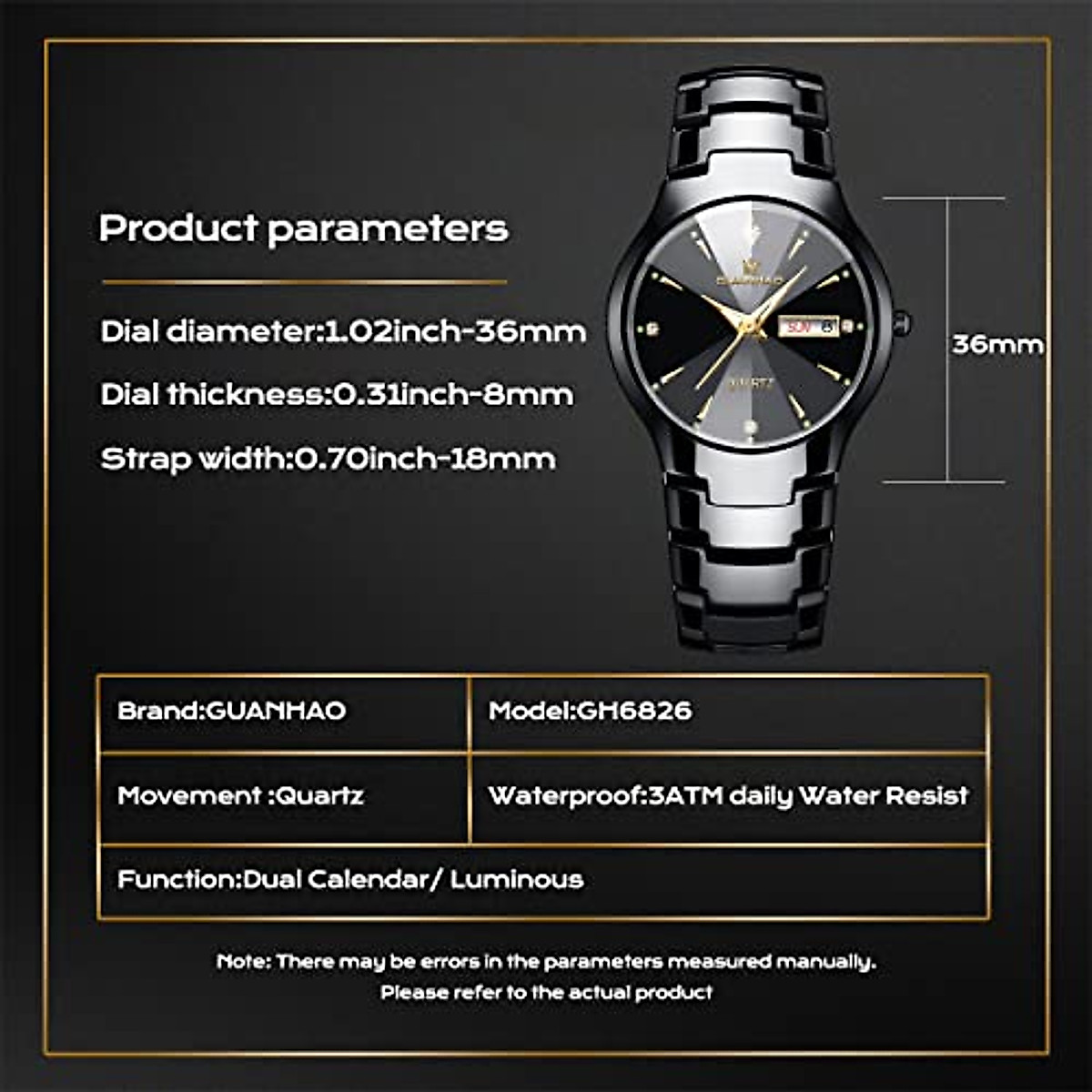 GUANHAO Ceramic Watches for Men, Black Business Men's Wristwatches with Calendar and Weeks, Quartz Watches with Ceramic Band Diamond Dial for Male Luminous Hands